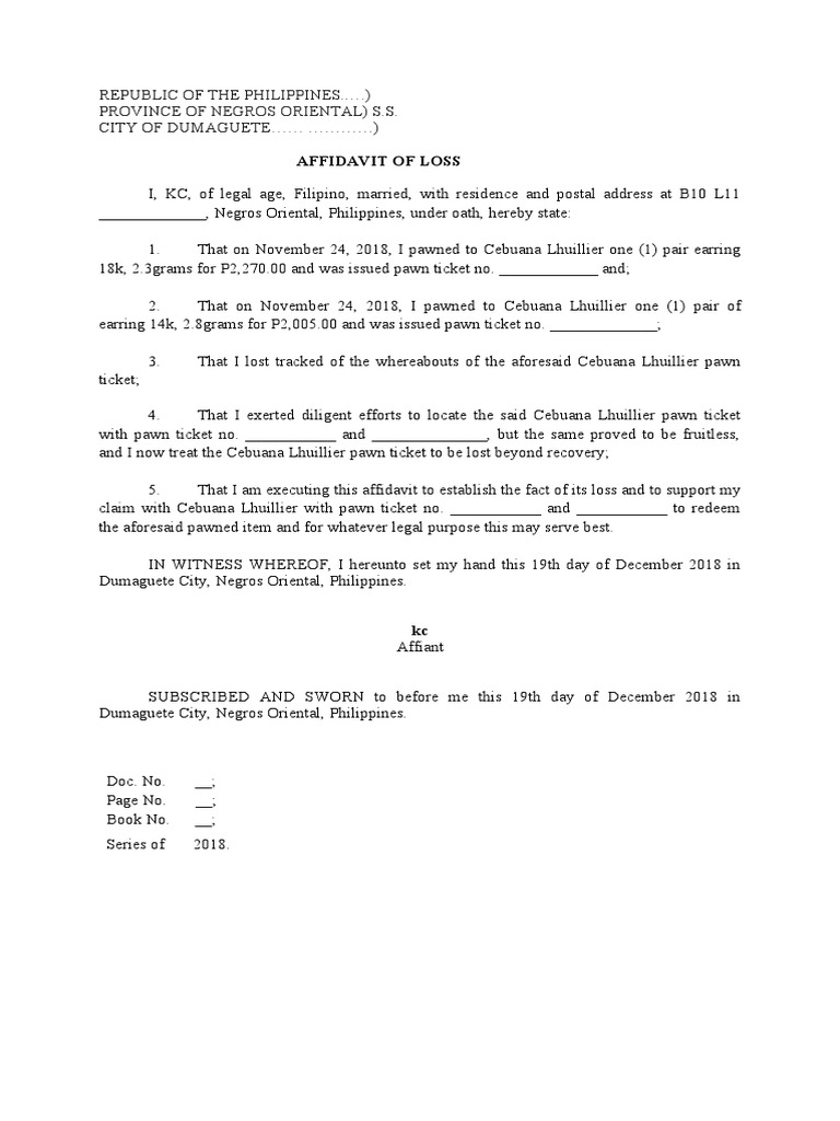 Sample Aff of Loss Pawn Ticket