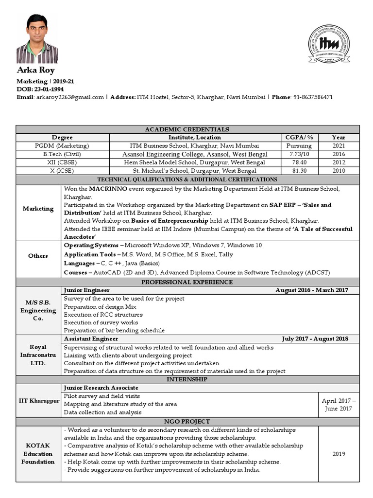Resume - ARKA ROY - ITM PGDM (With Logo) (Updated) PDF | PDF ...