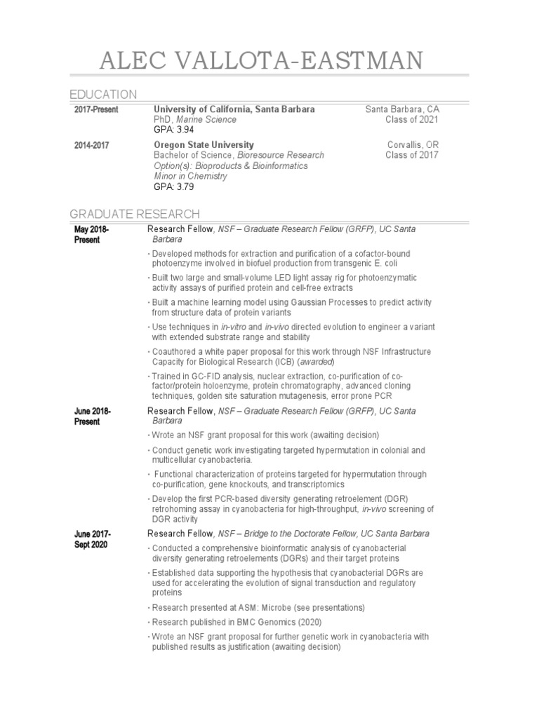 CV Eastman Alec 100420 | PDF | Bioinformatics | Proteins