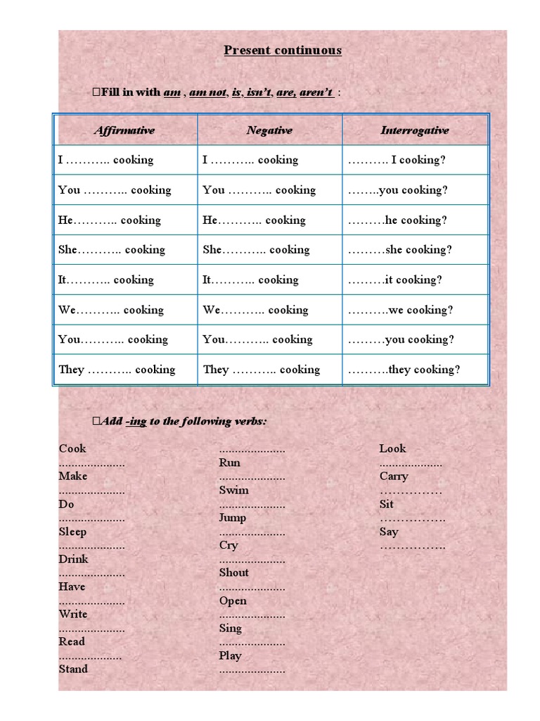 Present Continuous: Fill in With Am, Am Not, Is, Isn't, Are, Aren't | PDF