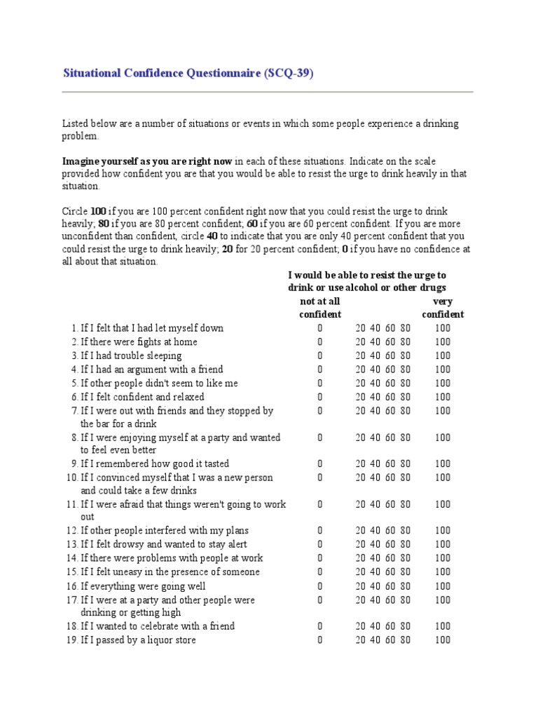 Situational Confidence Questionnaire (SCQ-39) | PDF | Alcoholism ...