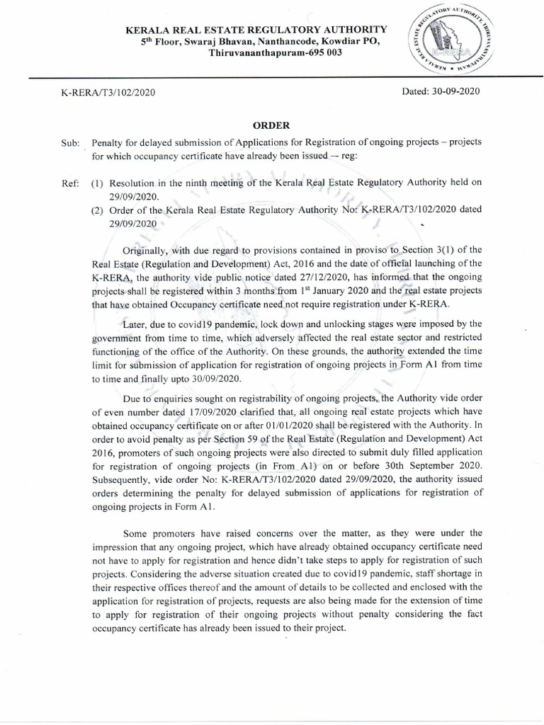 K RERA Order 30-09-2020 PDF | PDF