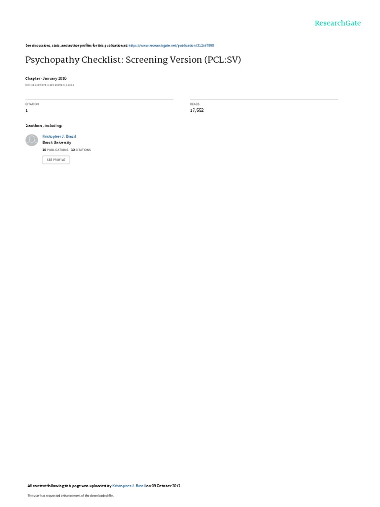 Psychopathy Checklist: Screening Version (PCL:SV) : January 2016 | PDF ...