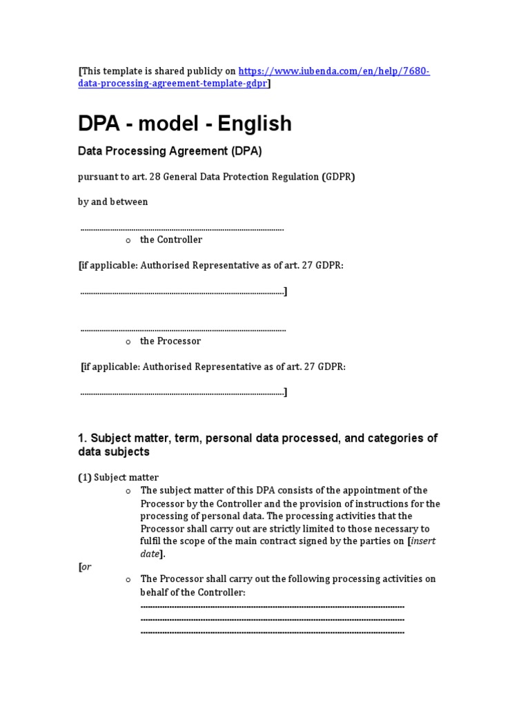 DPA - Model - English: Data Processing Agreement (DPA) | PDF | Social ...