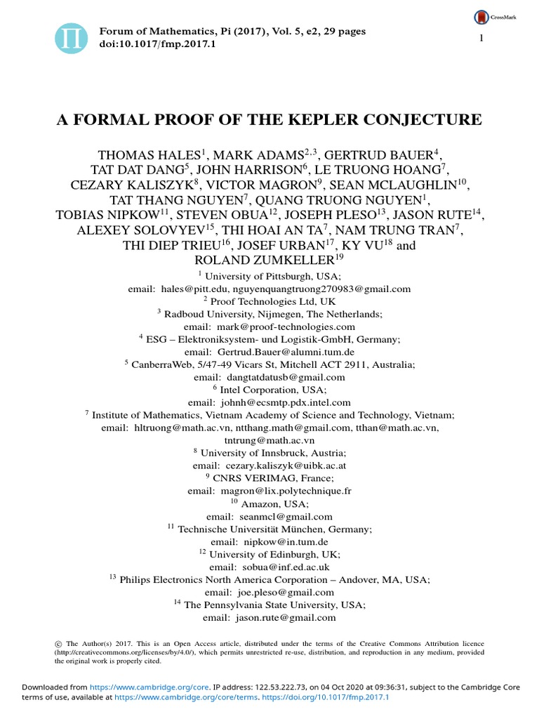 Formal Proof Of The Kepler Conjecture Pdf Pdf Mathematical Proof