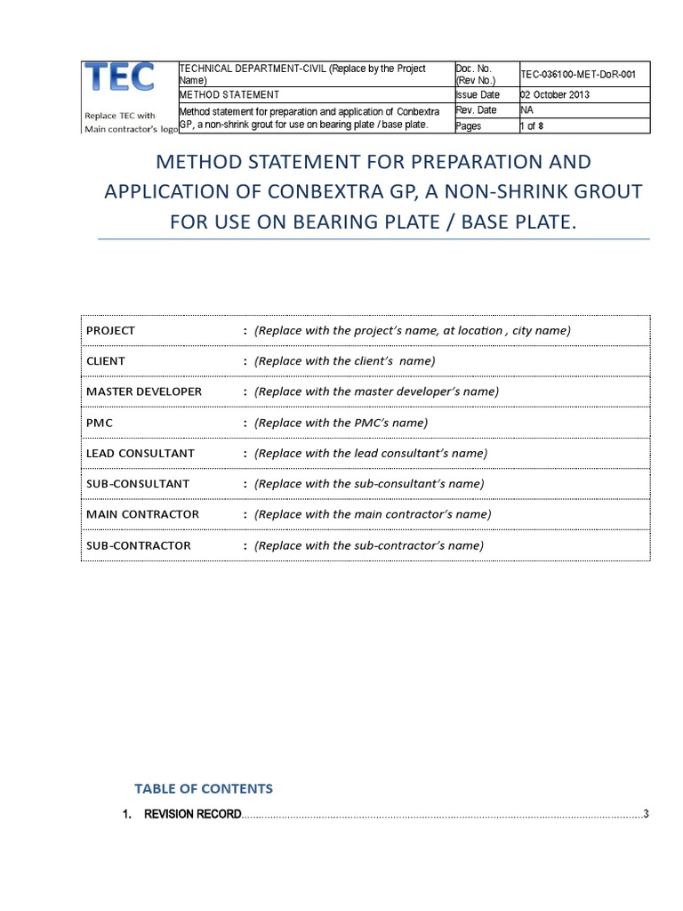 Method Statement For Application of Conbextra GP On Bearing Plate Base Pla (K) | PDF | Personal ...
