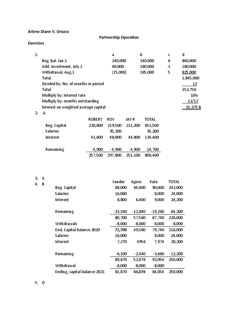 Partnership Operation Exercises | PDF | Factor Income Distribution | Money