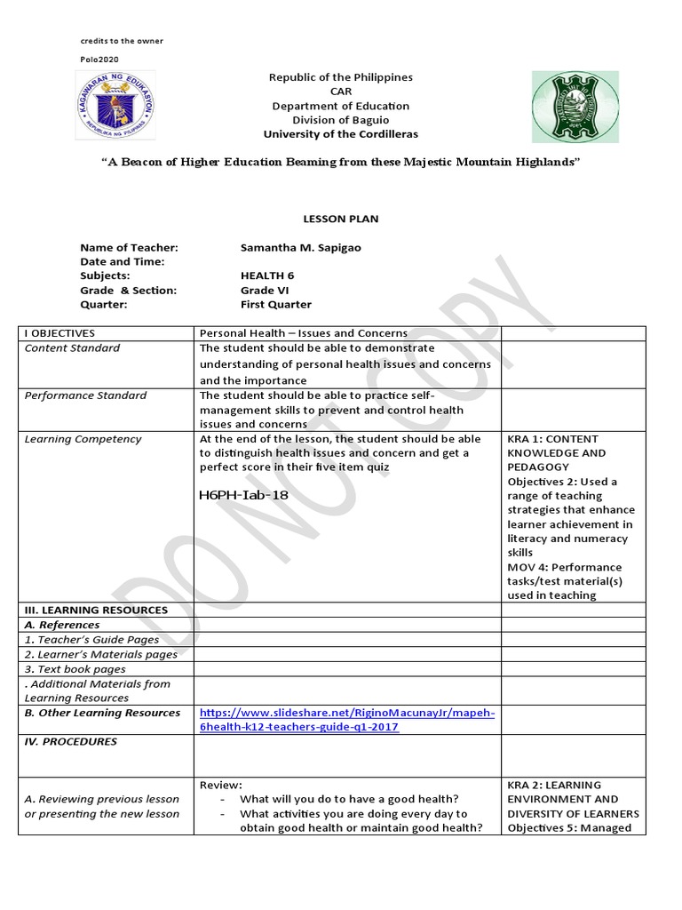 HEALTH 6 Lesson PLAN | PDF | Educational Assessment | Learning