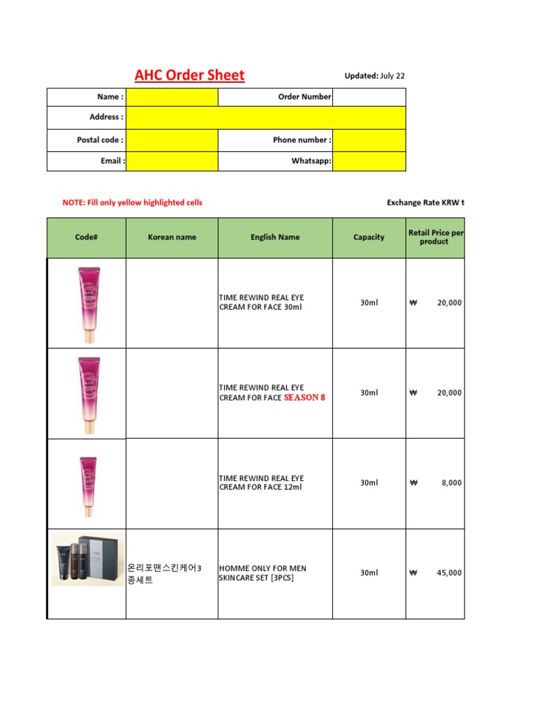 AHC Order Sheet: Updated: July 22 | PDF