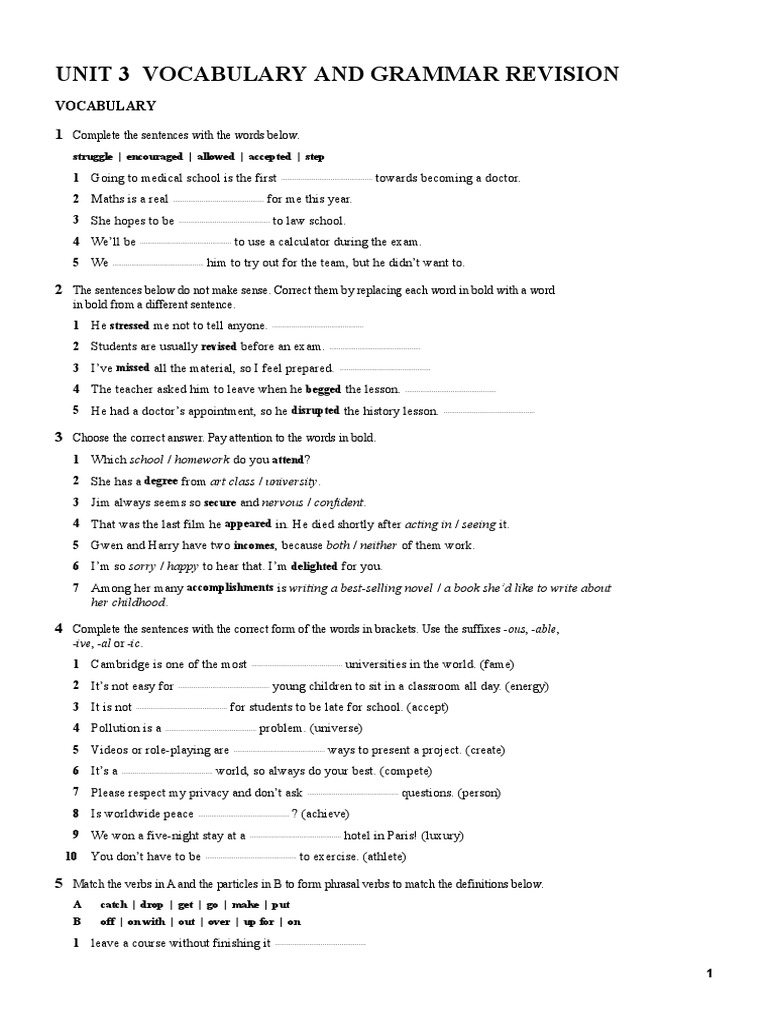 Unit 3 Vocabulary and Grammar Revision | Download Free PDF | Grammar ...