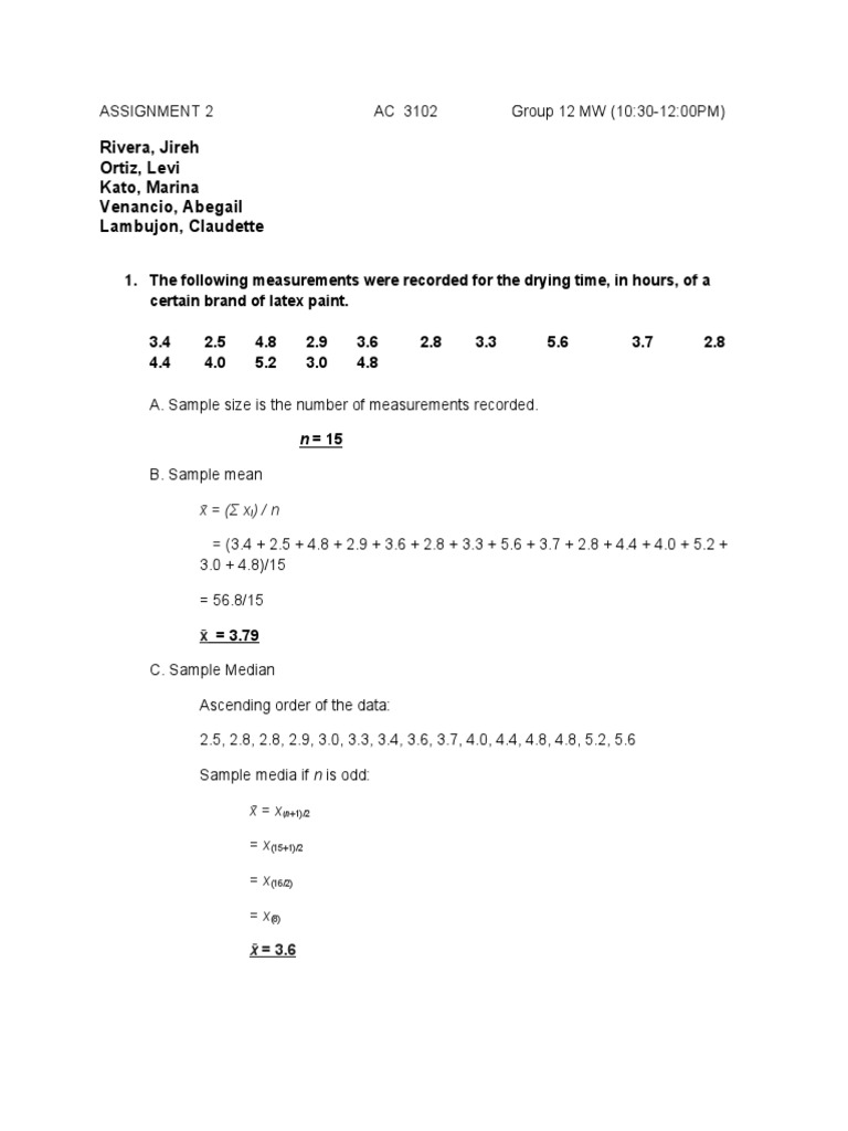 Stat Activity 2 Group 4 | PDF | Standard Deviation | Mean
