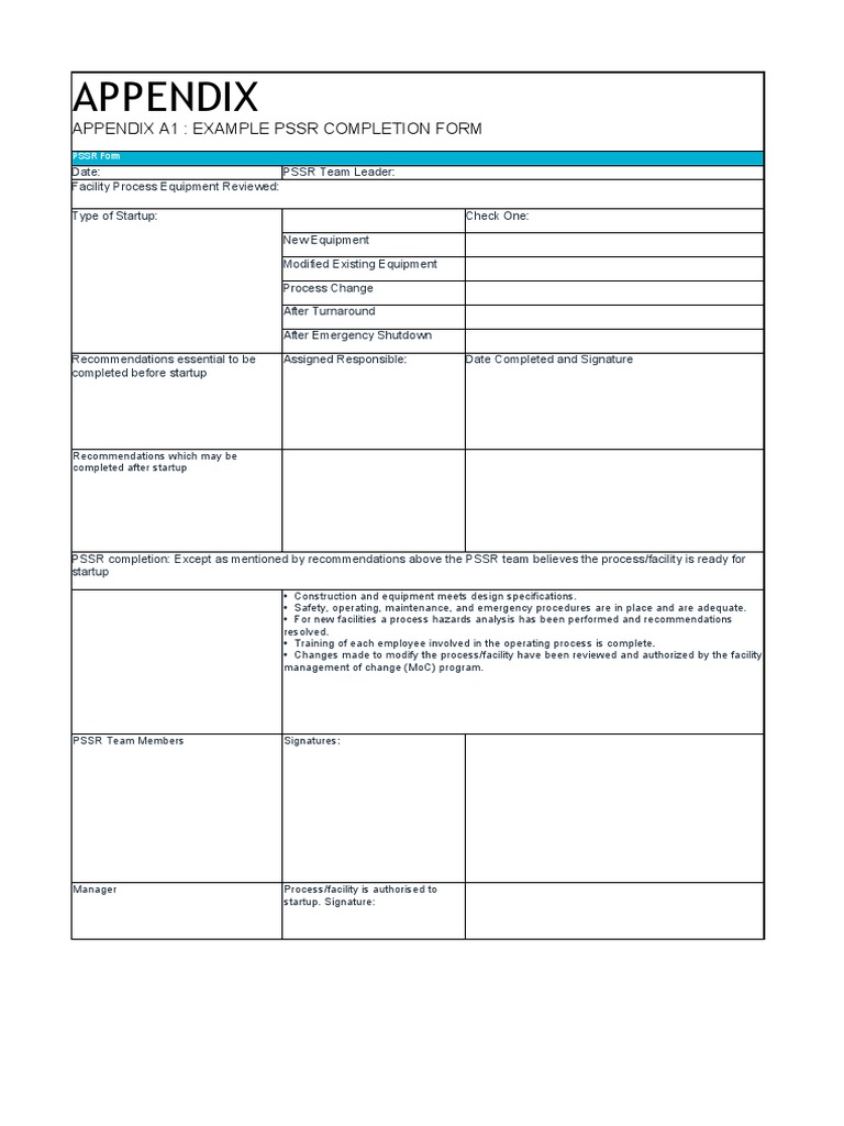 Appendix: Appendix A1: Example PSSR Completion Form | PDF | Valve | Pipe (Fluid Conveyance)