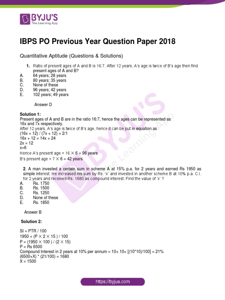 IBPS PO Previous Year Question Paper 2018: Quantitative Aptitude ...