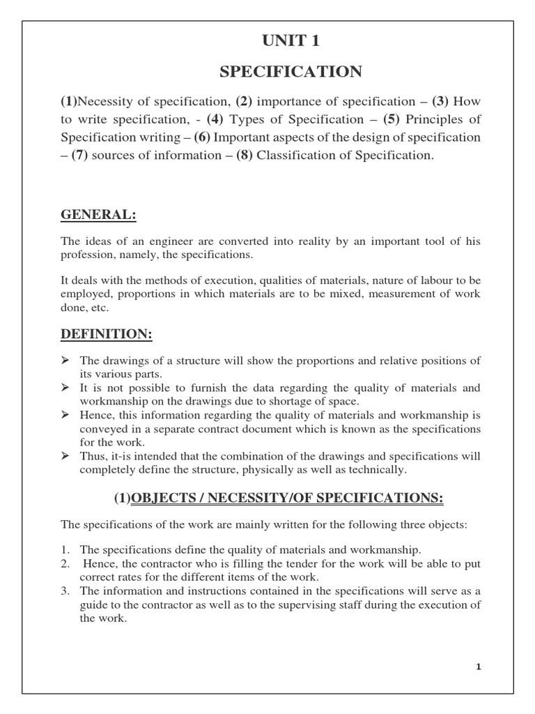Unit 1 Specification: (1) Necessity of Specification, (2) Importance of ...