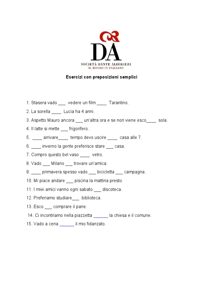 Esercizi Con Preposizioni Semplici | PDF