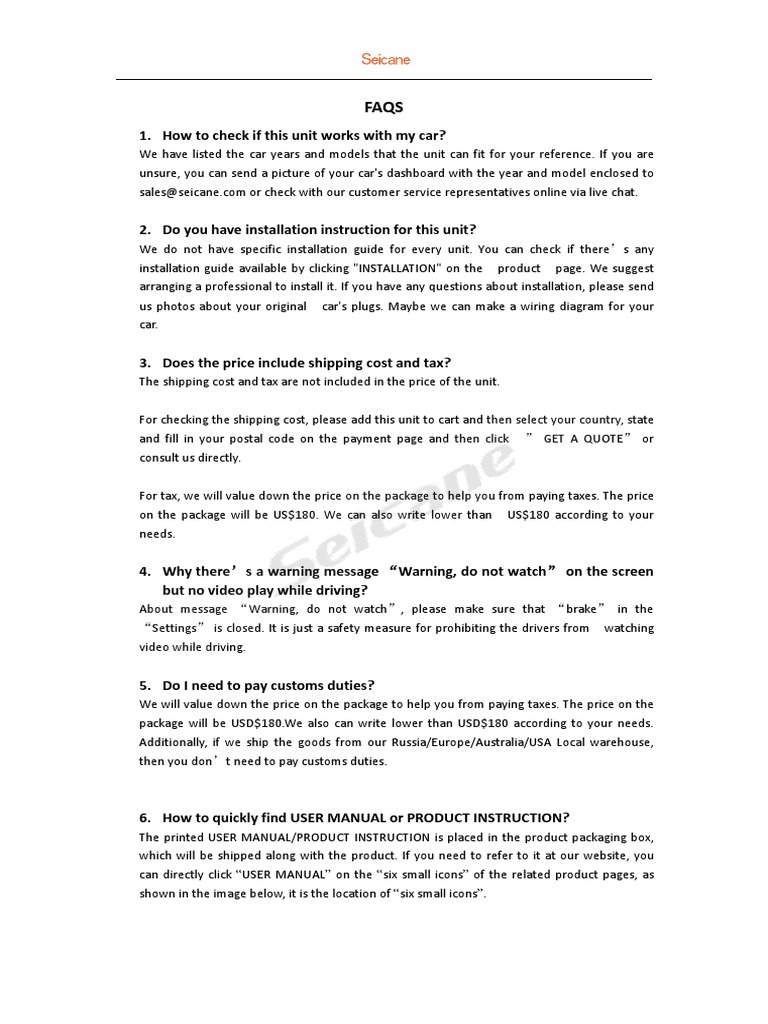 Seicane Radio Installation FAQs | PDF | Radio | Navigation