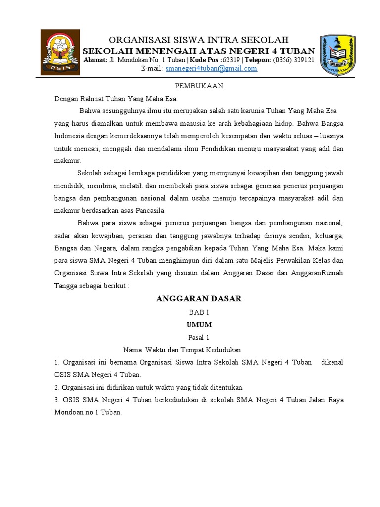 AD/ART OSIS SMA Negeri 4 Tuban | PDF