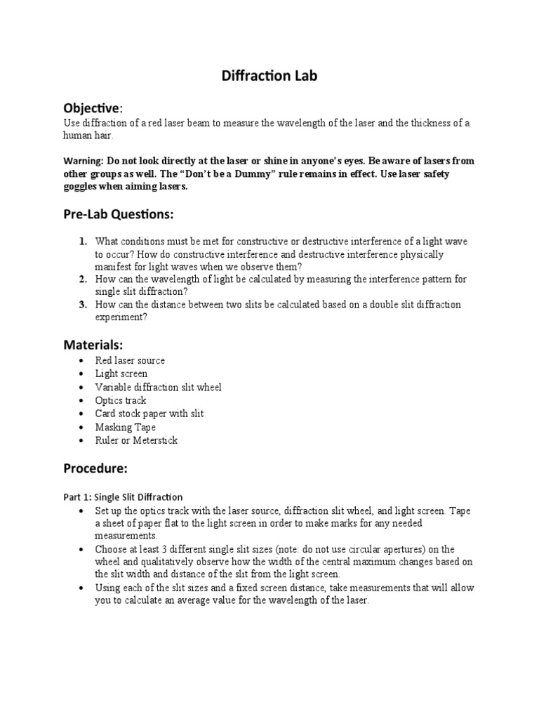Diffraction Lab: Objective | PDF | Diffraction | Wavelength