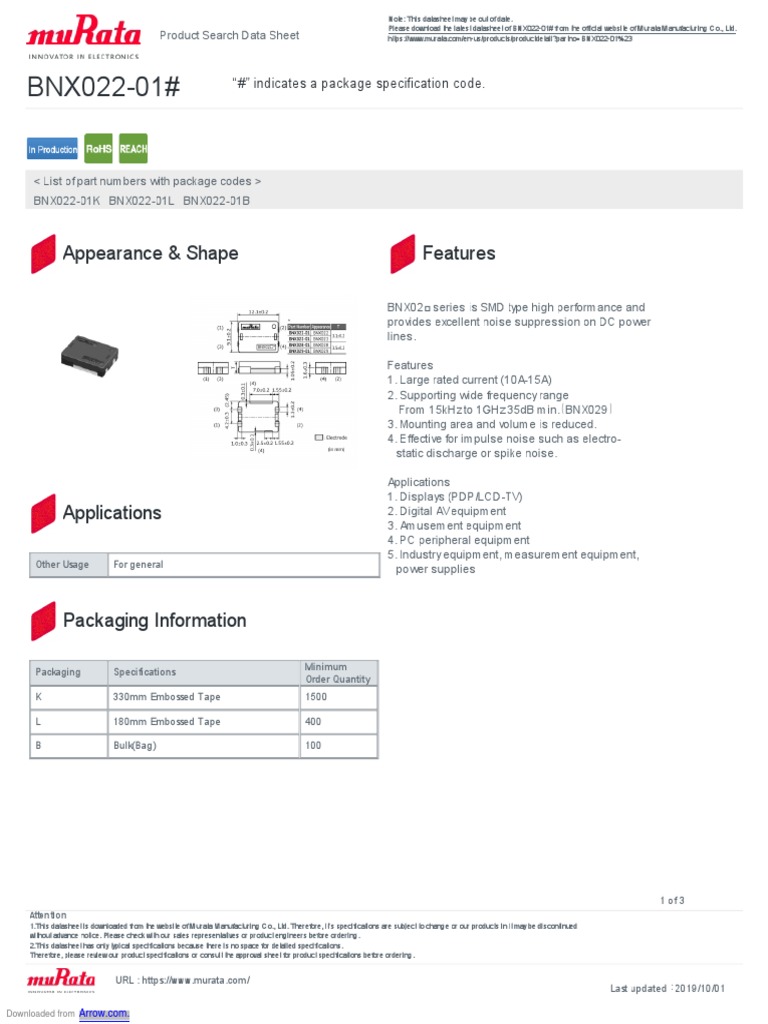 Specifications and Performance Data for Murata BNX022-01# Surface Mount ...