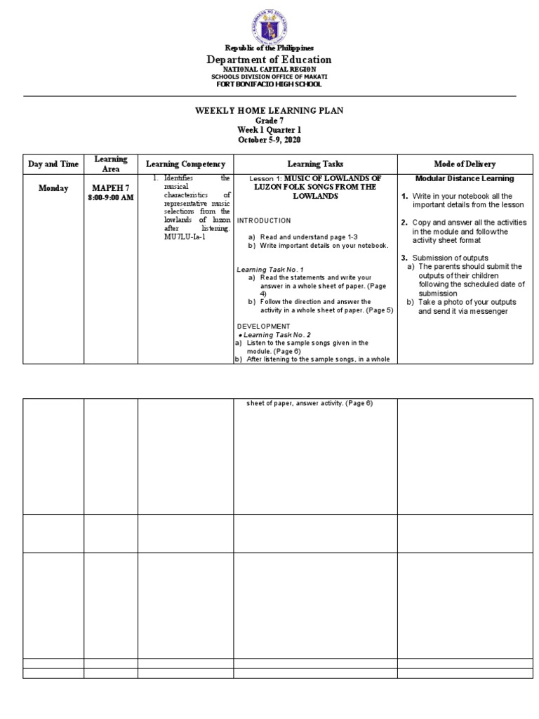 Grade 7 Weekly Home Learning Plan | PDF | Further Education