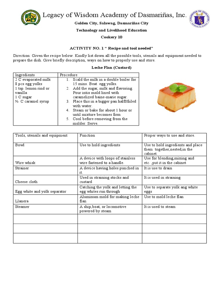 1Q Activity 1 Tools and Equipment | PDF | Foods | Cuisine