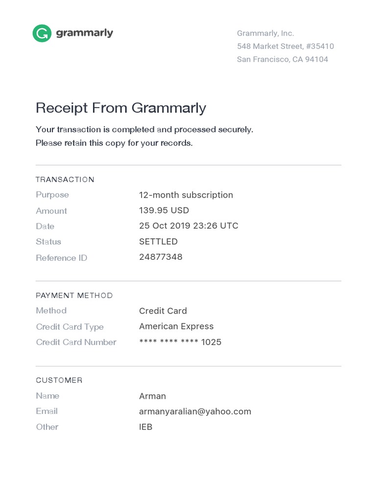 Grammarly Subscription Receipt | PDF