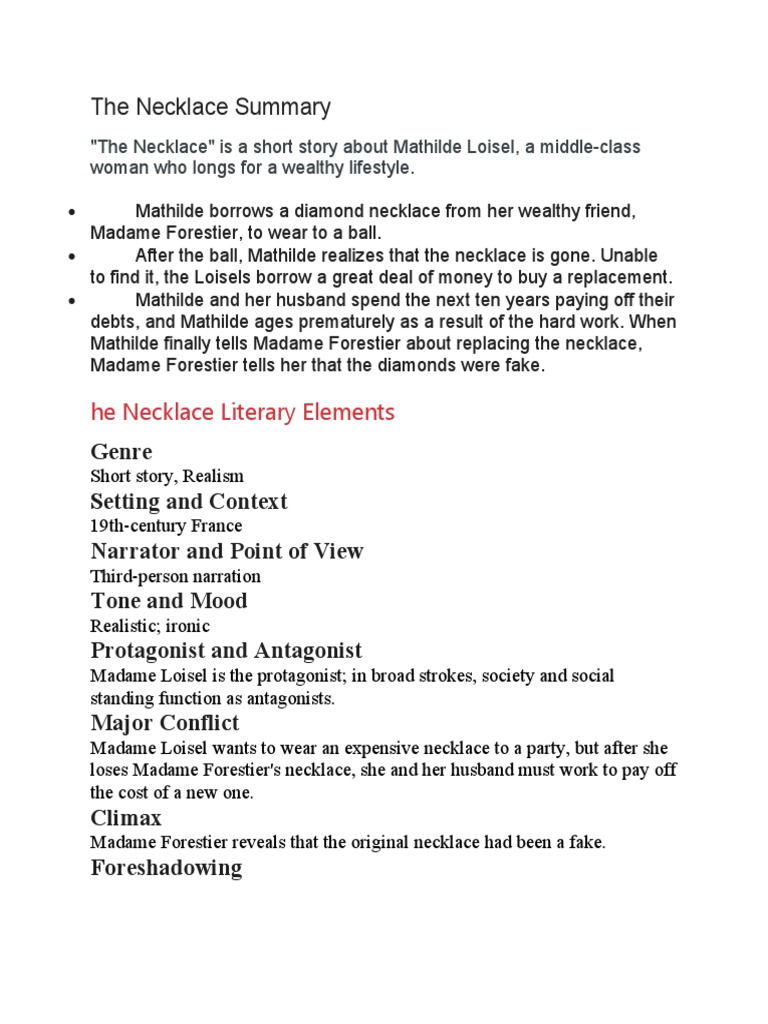 The Necklace Summary: He Necklace Literary Elements | PDF | Jewelry ...