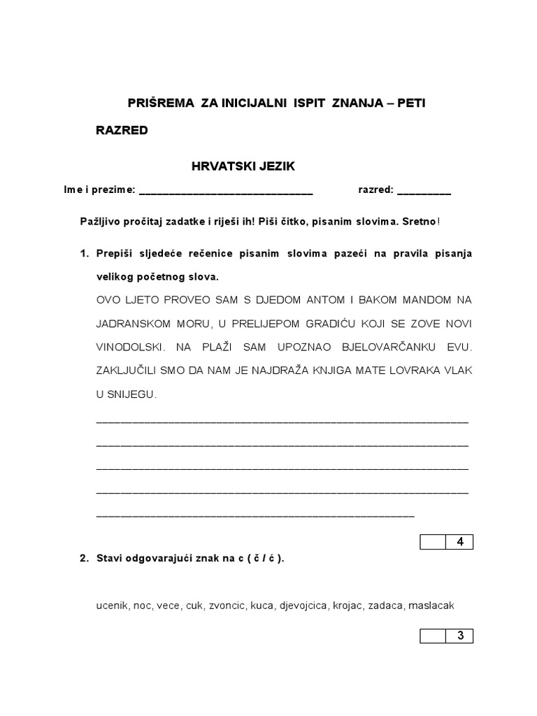 Priprema Za INICIJALNI ISPIT ZNANJA Za 5.r.HJ | PDF