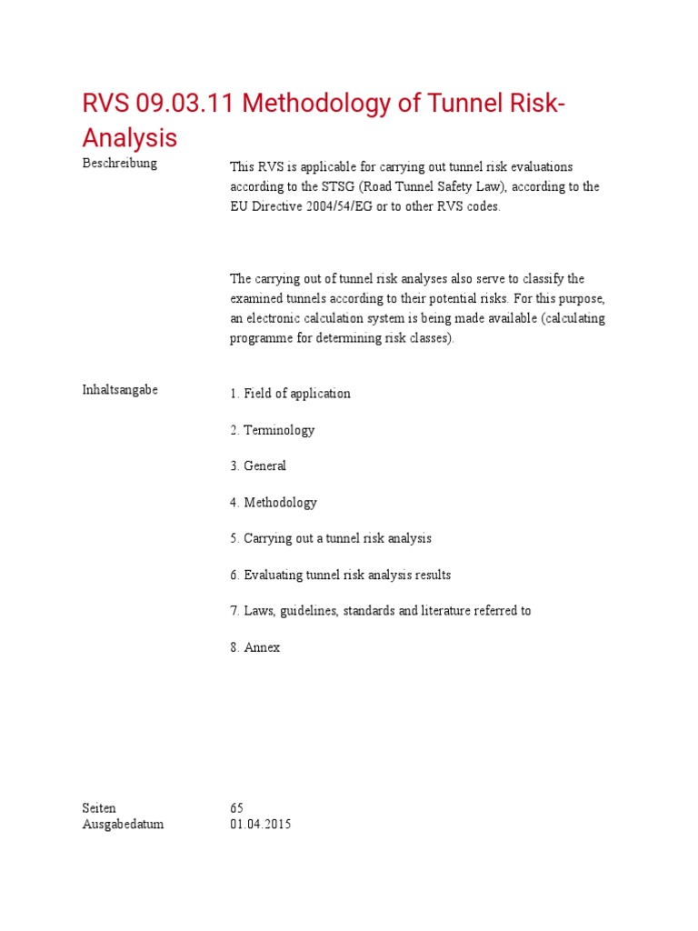RVS 09.03.11 Methodology of Tunnel Risk-Analysis | PDF