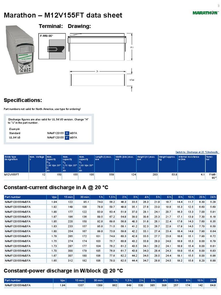 Marathon - M12V155FT Data Sheet: Terminal: Drawing | PDF | Electrical ...