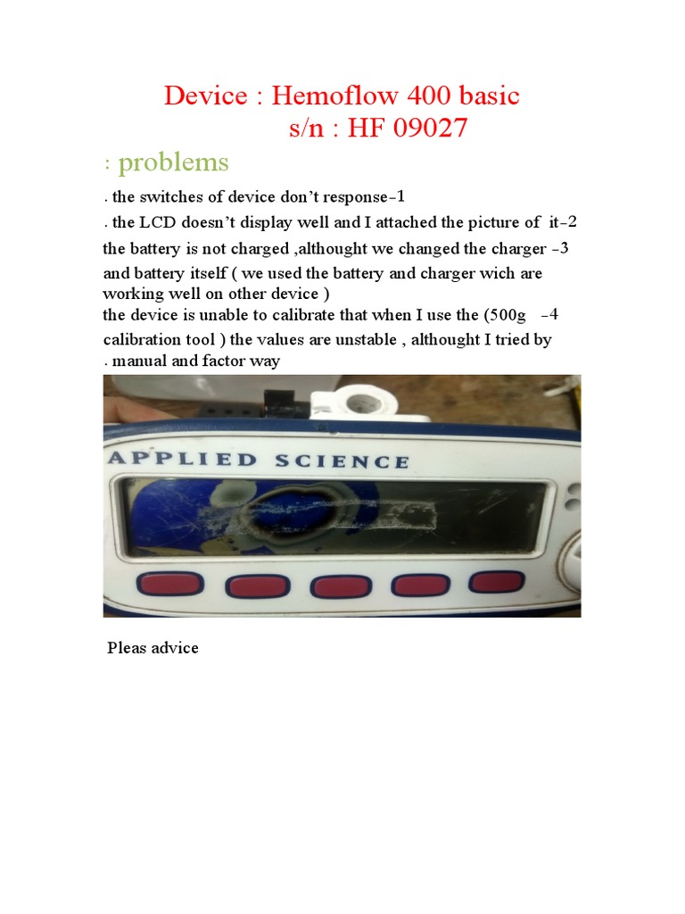 Problems:: Device: Hemoflow 400 Basic S/N: HF 09027 | PDF