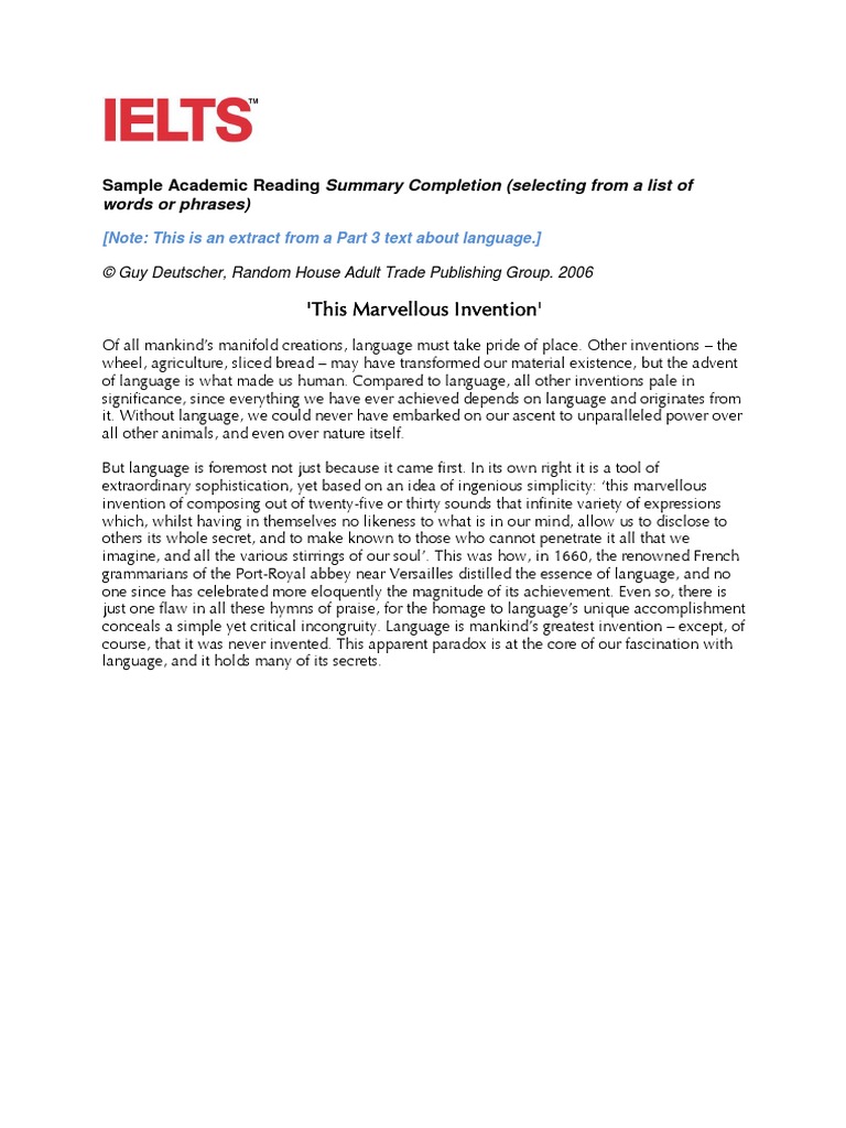 Academic Reading Sample Task Summary Completion Selecting From A List ...