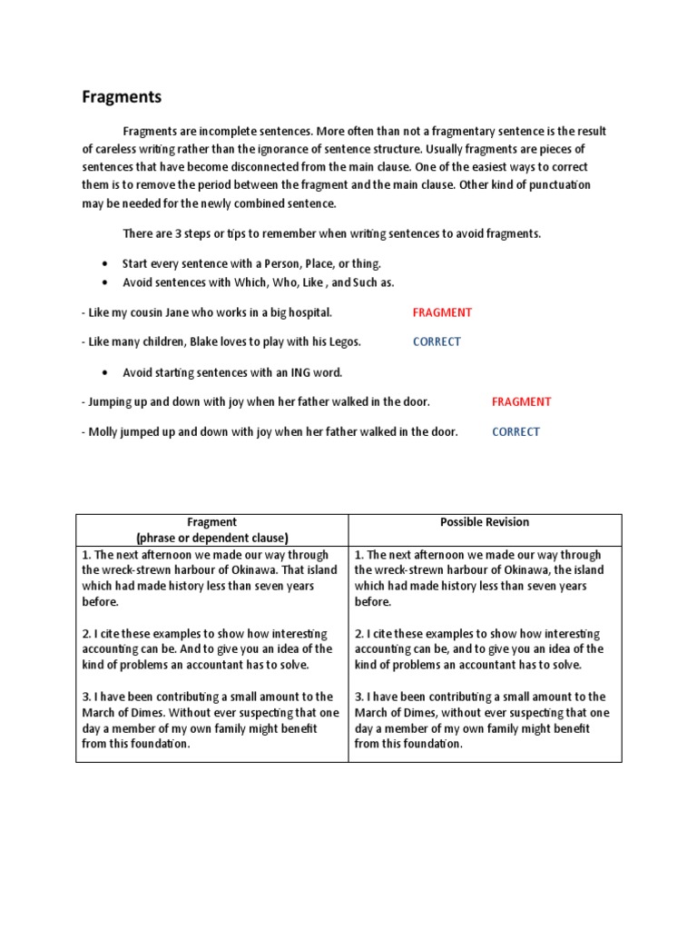 Fragments: Fragment (Phrase or Dependent Clause) Possible Revision ...