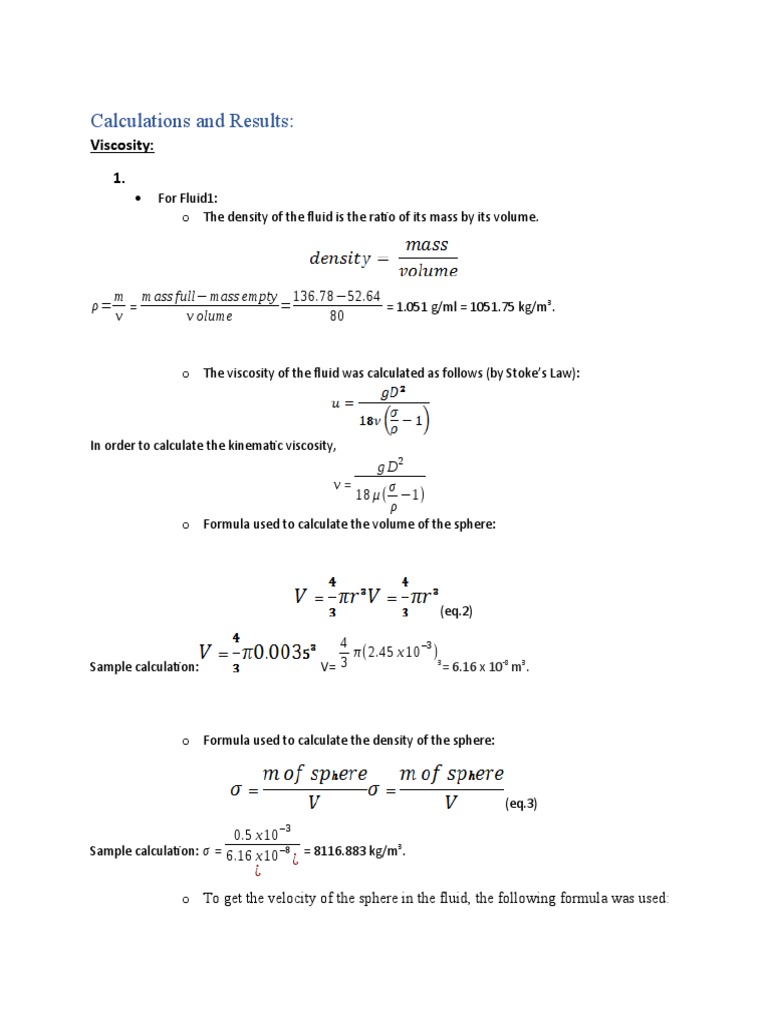 Calculations and Results Lab2 | PDF | Viscosity | Gases