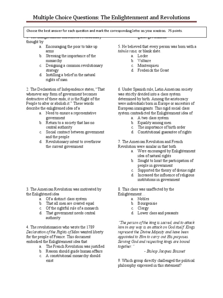Multiple Choice Questions: The Enlightenment and Revolutions | Download ...