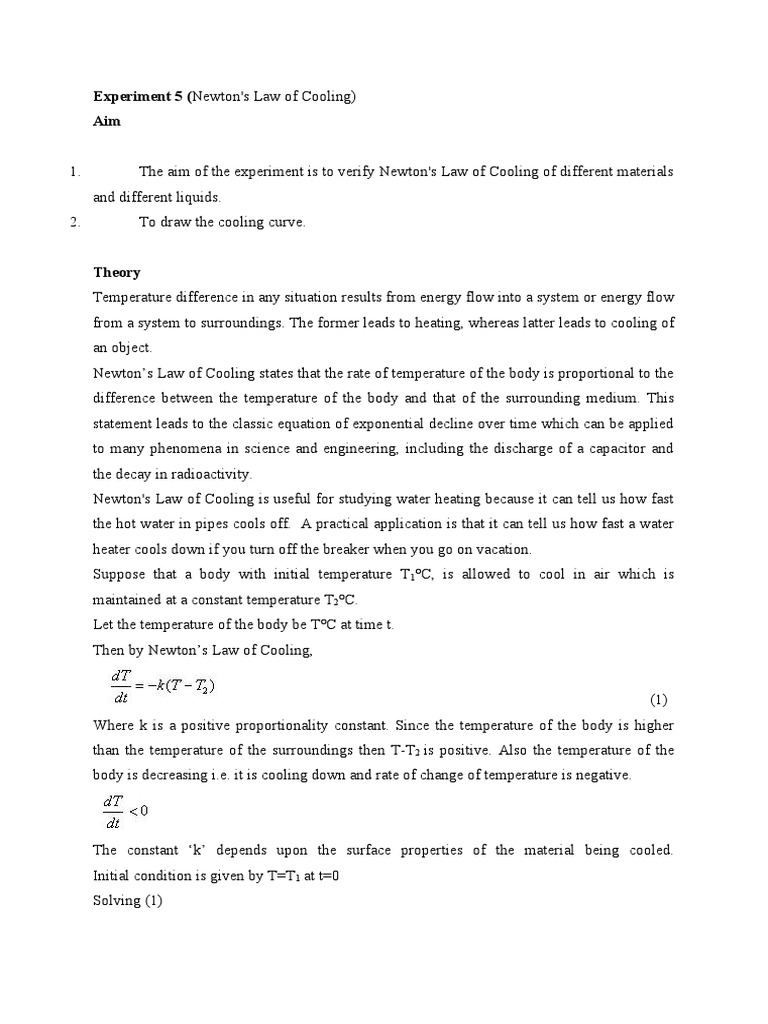 Experiment 5 Newton's Law of Cooling | PDF | Heat Transfer | Newton's ...