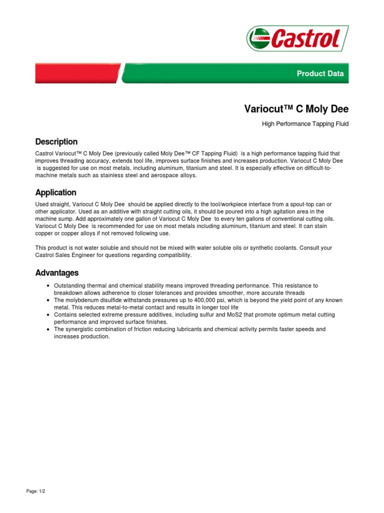 Variocut™ C Moly Dee: Description | PDF | Mechanical Engineering | Metals