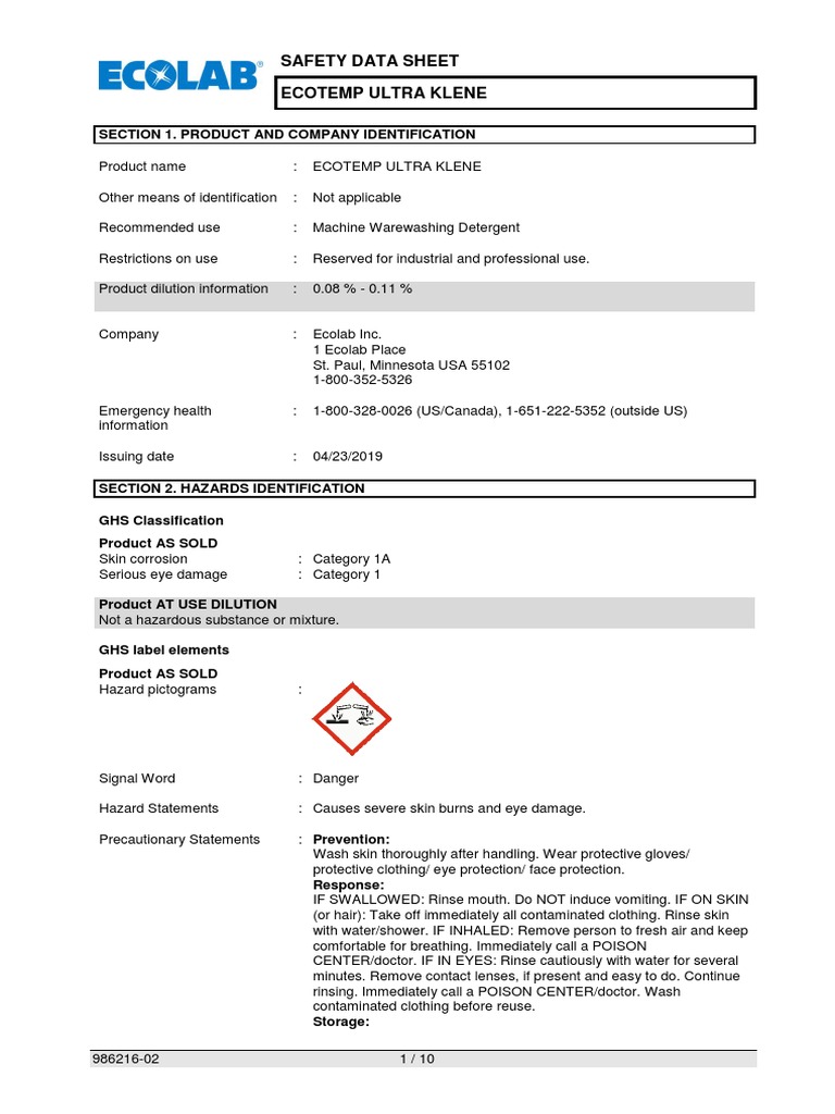 Ecolab Ecotemp Ultra Klene SDS | PDF | Personal Protective Equipment ...