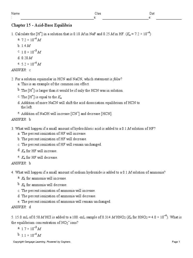 Chapter 15 - Acid-Base Equilibria: Answer: C | PDF | Titration | Chemistry