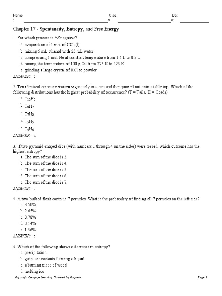 Chapter 17 - Spontaneity, Entropy, and Free Energy: Answer: C | PDF ...