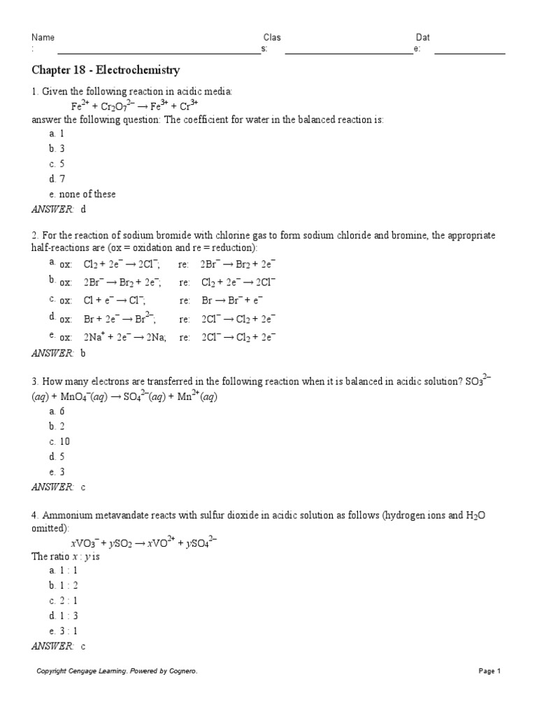 Chapter 18 - Electrochemistry: Answer: D | PDF | Redox | Electrochemistry