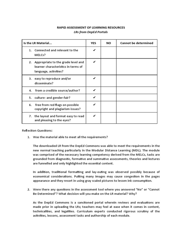 L3a1 - LR Rapid Assessment - Deped | PDF | Learning | Communication