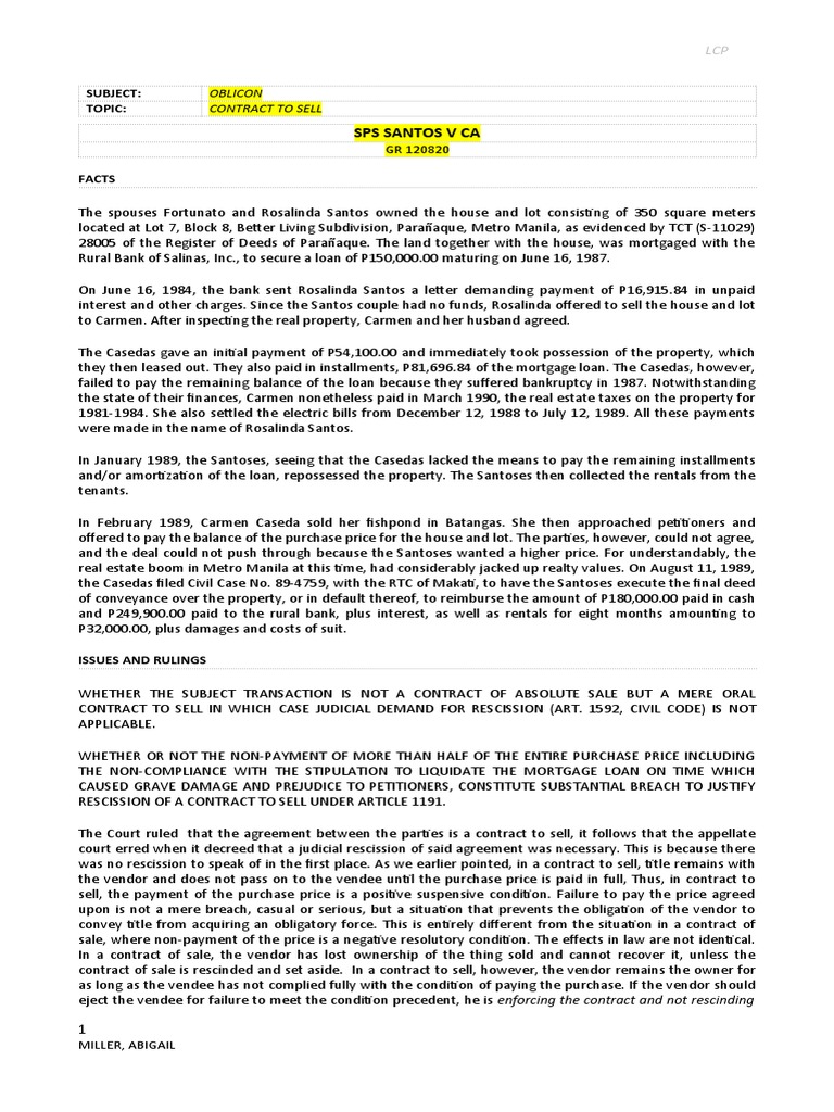 Santos V Ca Oblicon Case Digest | PDF | Loans | Mortgage Loan