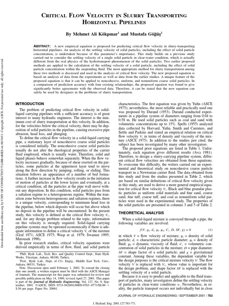 Criticalflowvelocity in Slurry Transporting Horizontal Pipelines | PDF ...