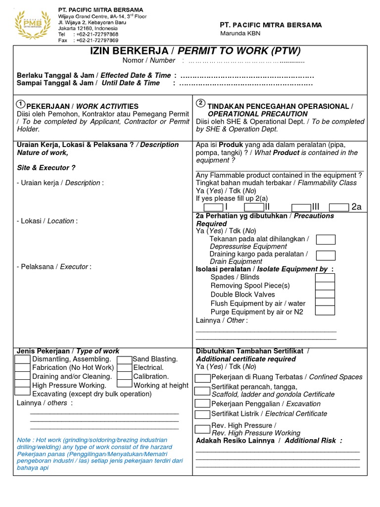 Izin Berkerja / Permit To Work (PTW) : I II III 2a | PDF | Personal ...