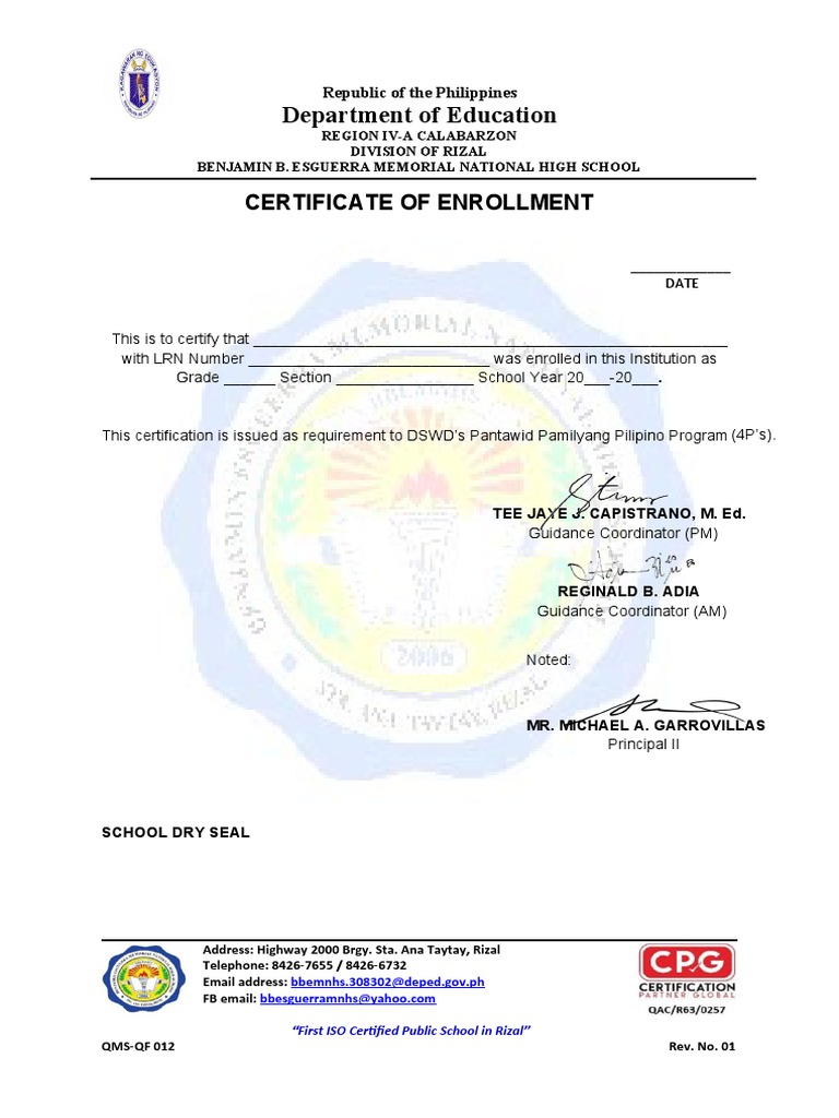 GUI QF 012 - Certificate of Enrollment - 4Ps - ISO - Format | PDF