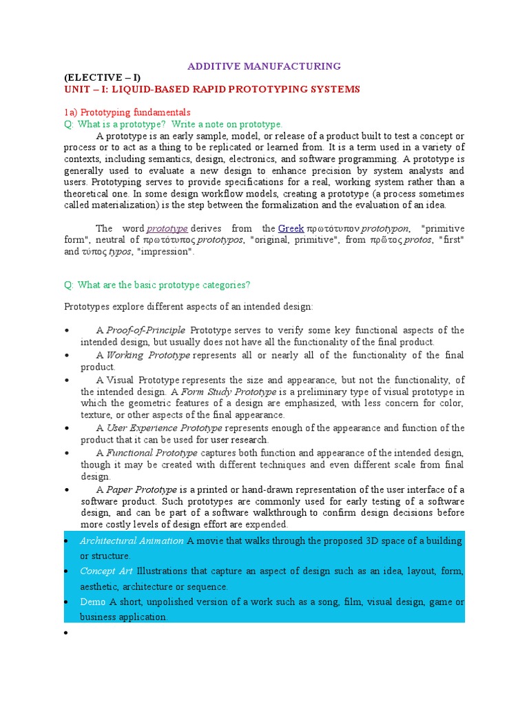 Additive Manufacturing Notes Unit I Liquid Based RPS Q & A | Download ...