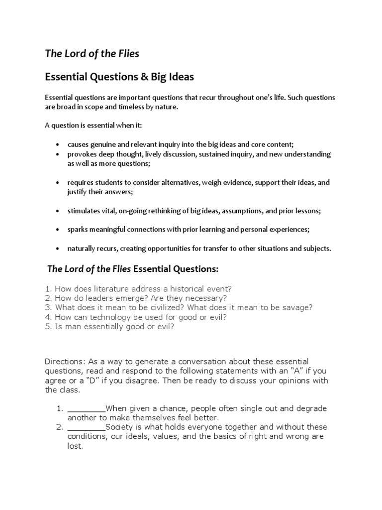 Essential Questions & Big Ideas: The Lord of The Flies | PDF