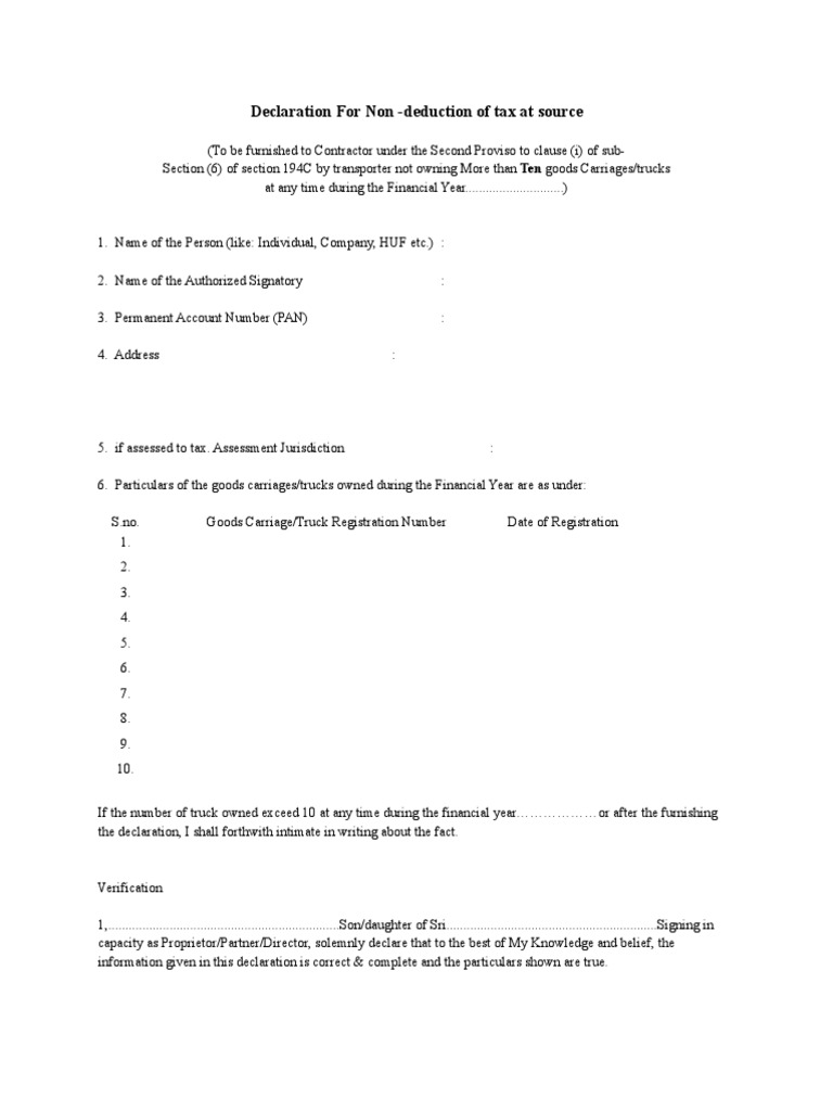 Declaration For Non - Deduction of Tax at Source | PDF