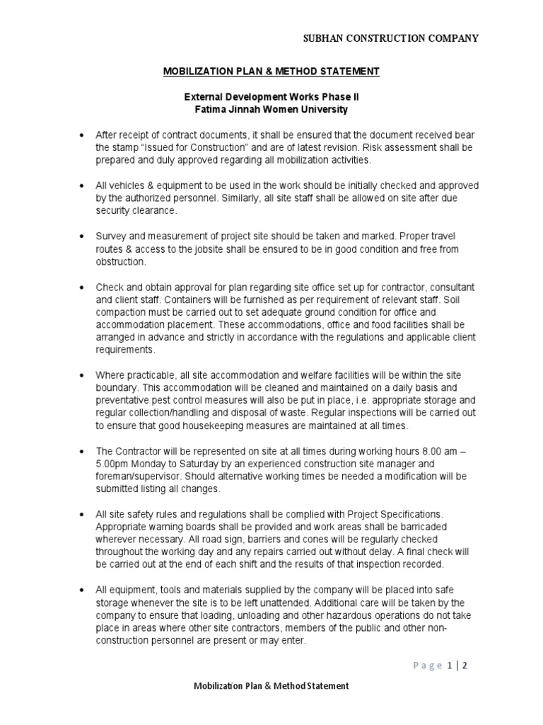 19-09-24 Preparatory Work Method Statement Mobilization | PDF | Risk ...